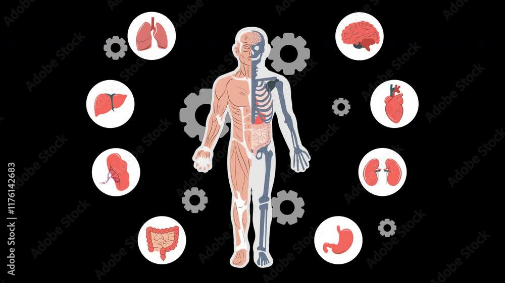 anatomy of the human body, human organs, skeleton, lungs, brain, child ...