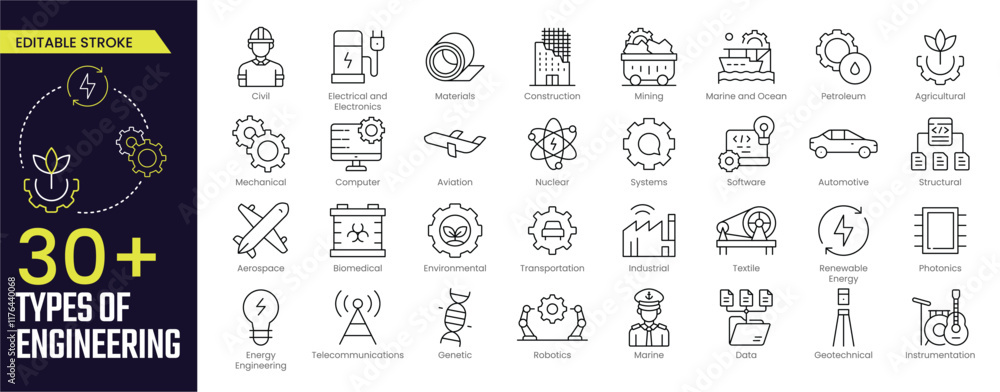 Types of Engineering Stroke icon collections. Containing electrical engineering, mechanical ...