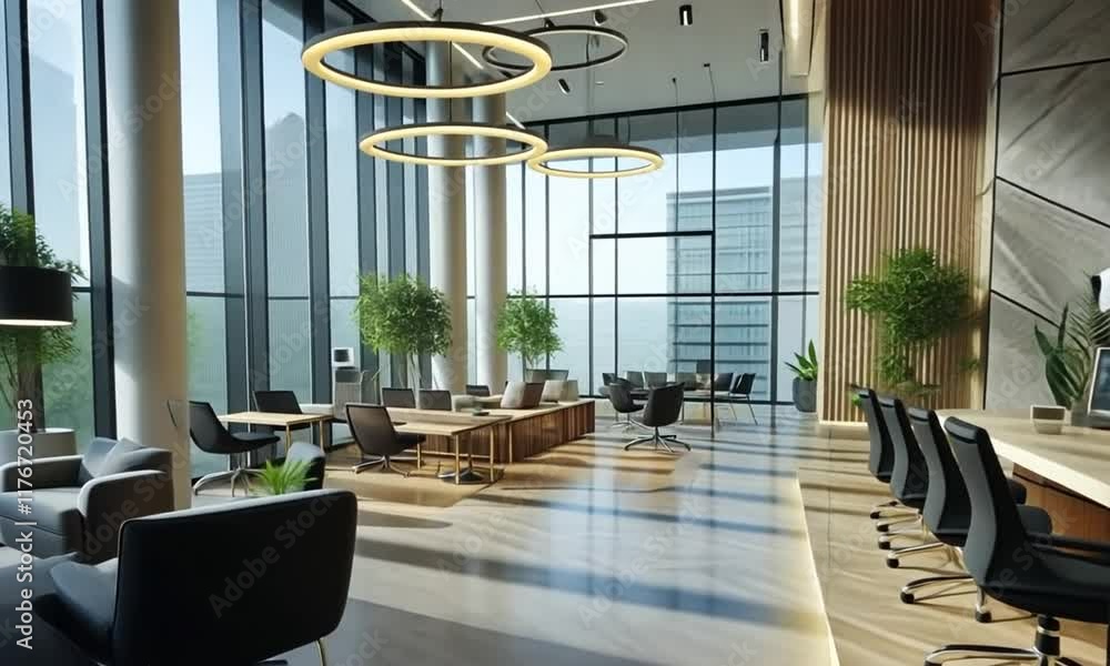 The scene captures a modern office interior, featuring expansive ...