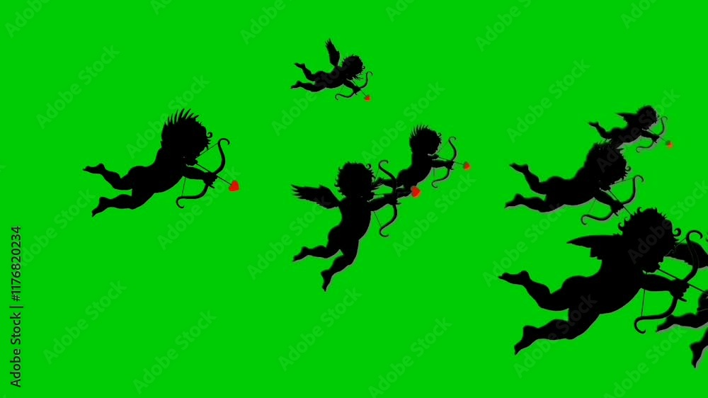 Group of cupid angel silhouette flying from left to the right frame on ...
