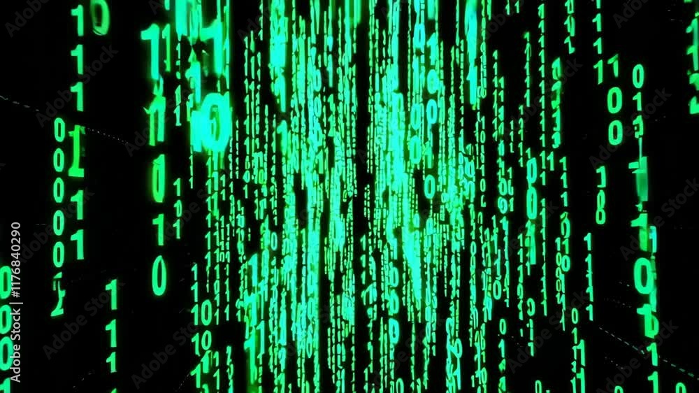 Digital matrix rain effect with glowing green binary code falling on black background. Abstract ...