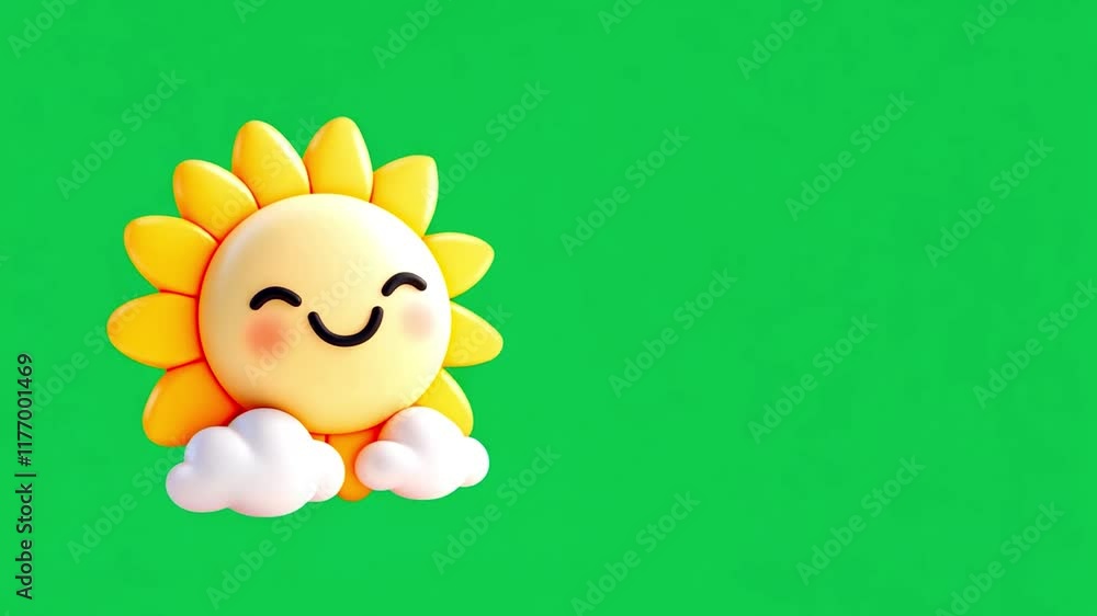Sun cartoon with white fluffy clouds on green screen background Cute ...