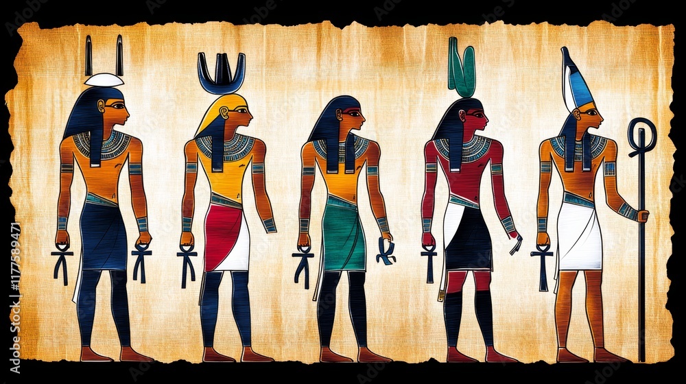 Ancient Egyptian Gods on Papyrus Scroll - Five Egyptian deities, richly ...