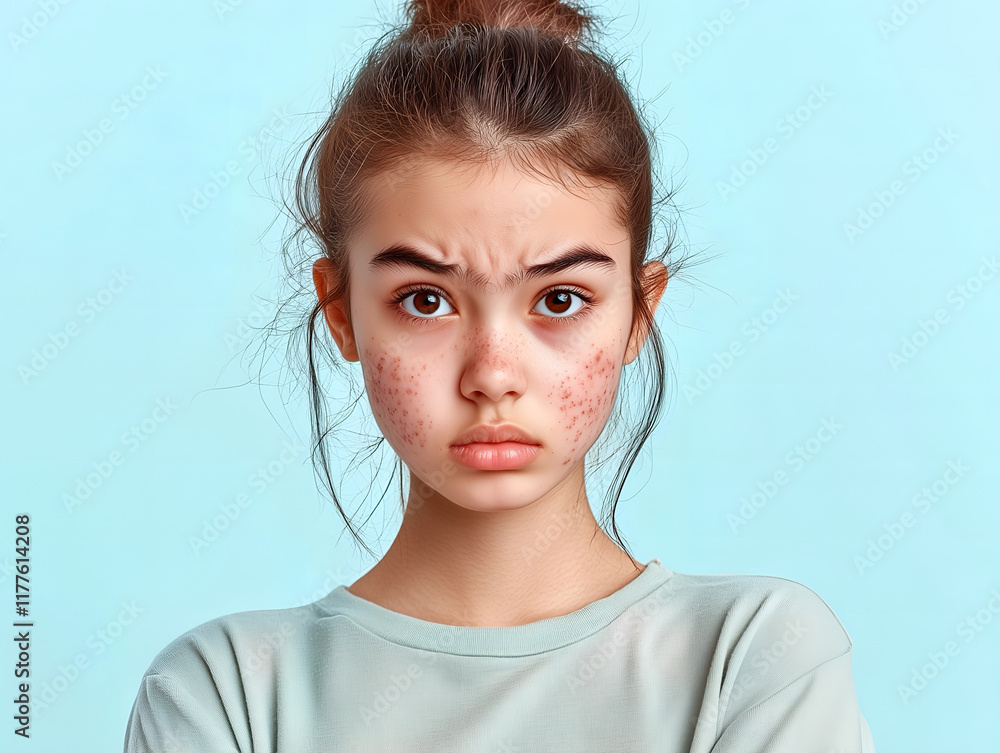Poster Skin affected by acne and pimples, highlighting red, inflamed ...