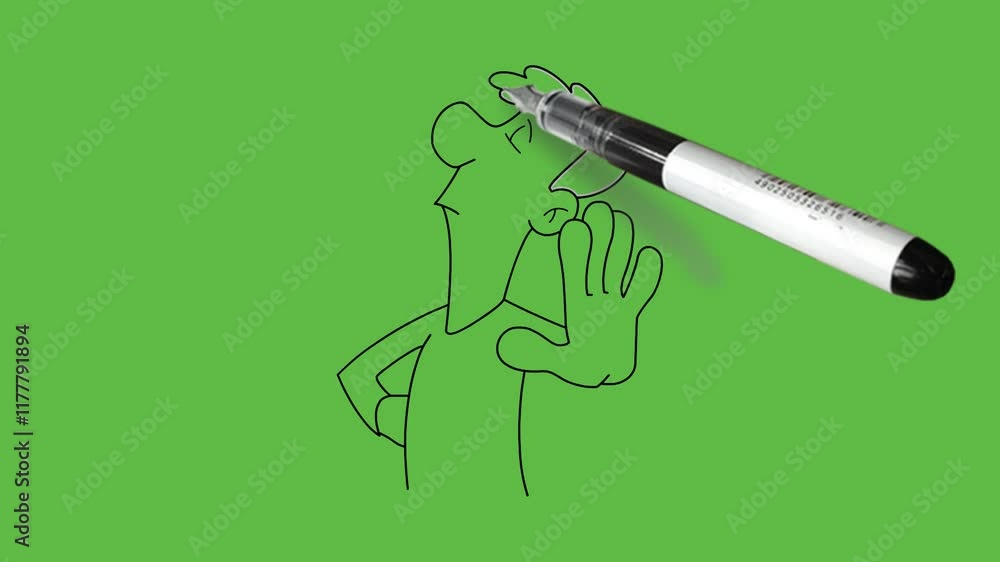 draw standing young man keep right hand on waist and hold left arm ...