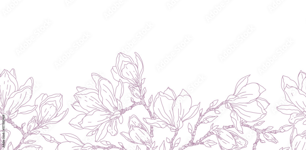 Floral border with Magnolia branches and flowers. Spring seamless horizontal background with ...