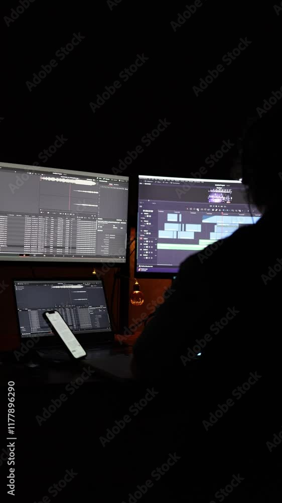 Vertical screen: A professional video editor working in a dark room ...