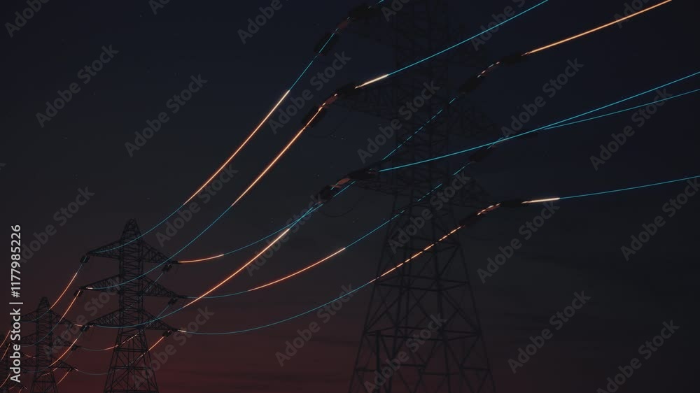 Glowing power lines and transmission towers in the dark. Loopable Ultra ...