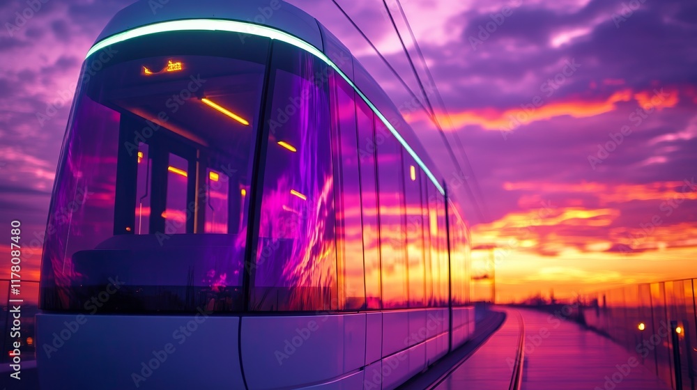 Poster Close-up of a modern tram pantograph against a vibrant sunset ...