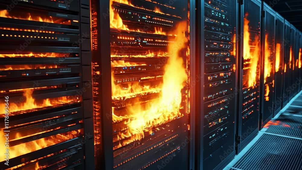 Flames engulfing server racks in data center during a catastrophic fire ...