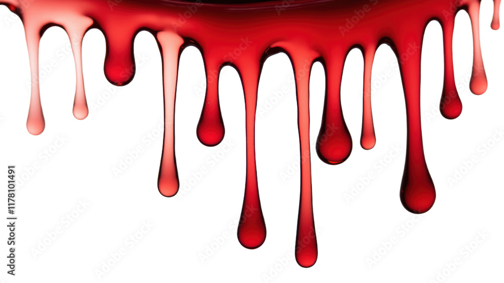 Vibrant red blood drips form eerie pattern over white background ...