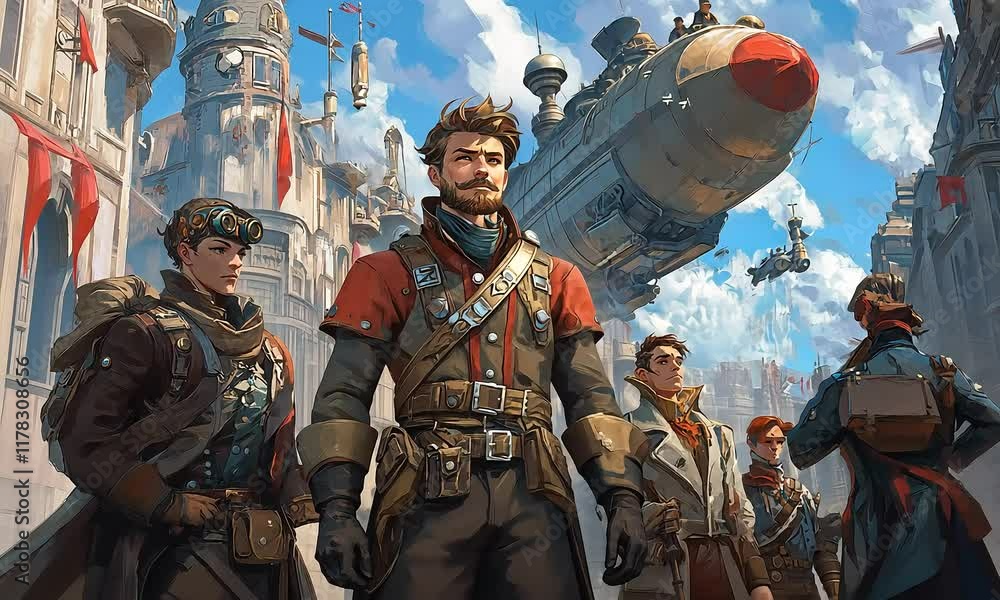 Steampunk Adventure Scene with Airships and Characters in a Bustling ...