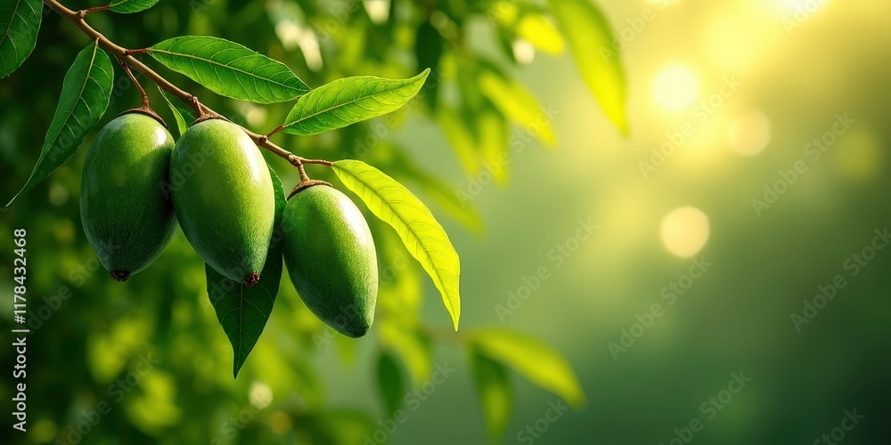 Mango Tree Branch with Ripe Fruit: Lush green leaves frame a cluster of ...