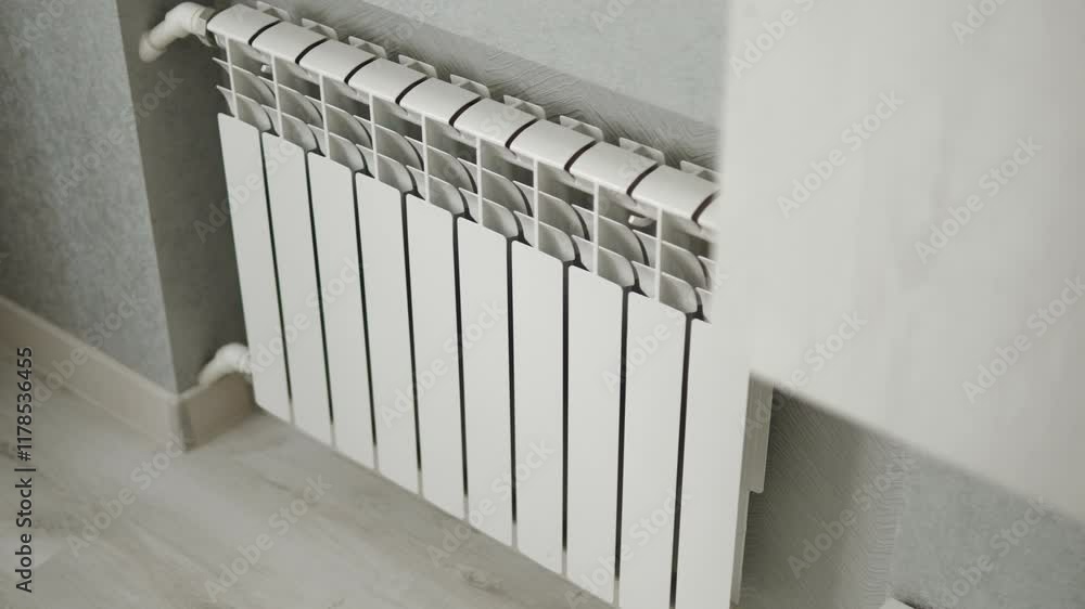 Aluminum modern and energy efficient white heating radiator on wall of ...