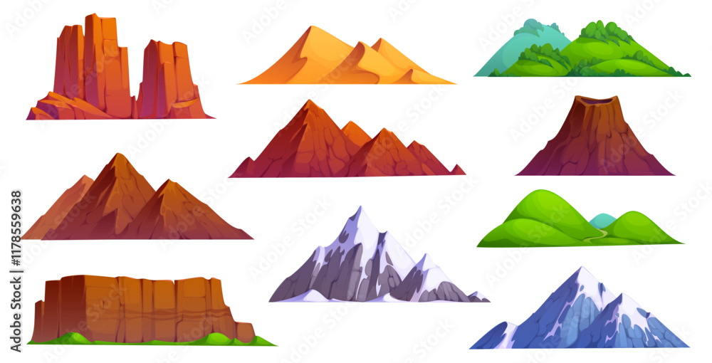 Cartoon mountains and hills, snow peaks and rocks, sand dunes and ...