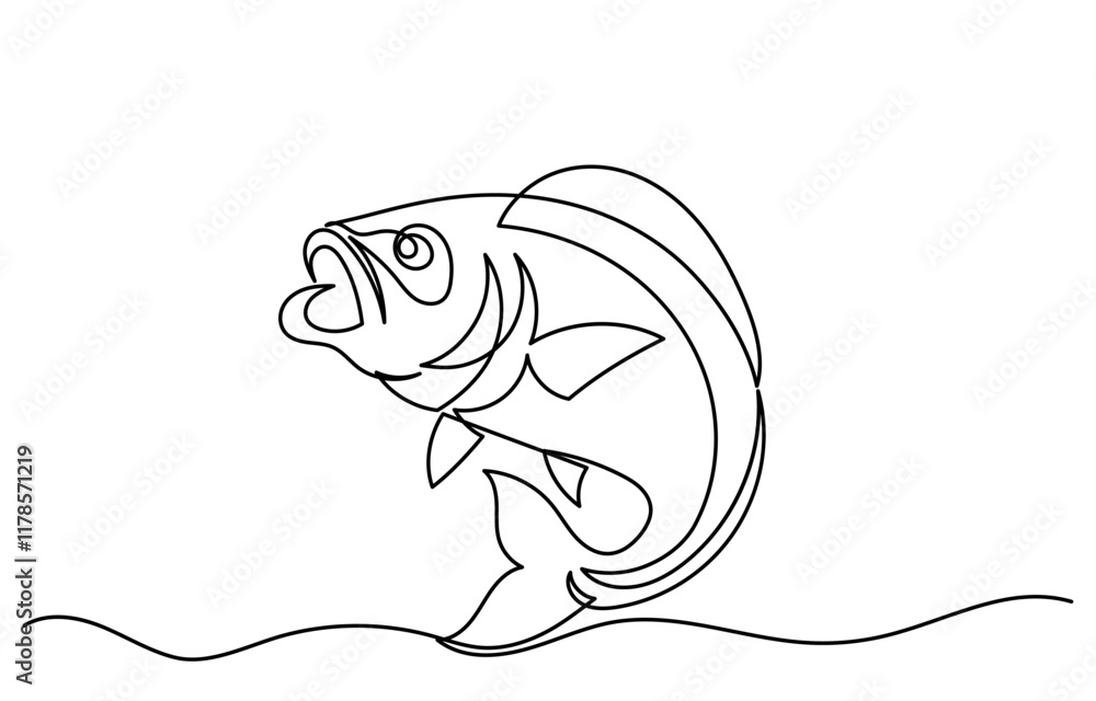 Continuous line drawing of a bass fish leaping out of water. Simple ...