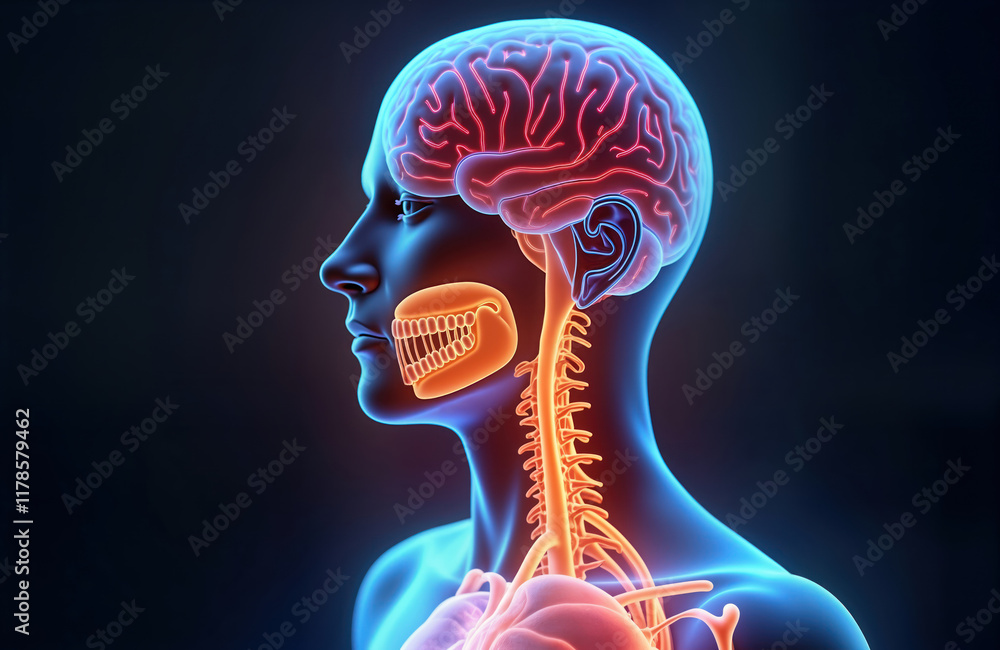 Poster Human head, upper body anatomy illustration highlights endocrine ...