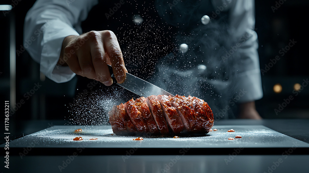 chef skillfully slices perfectly cooked roast, showcasing culinary ...