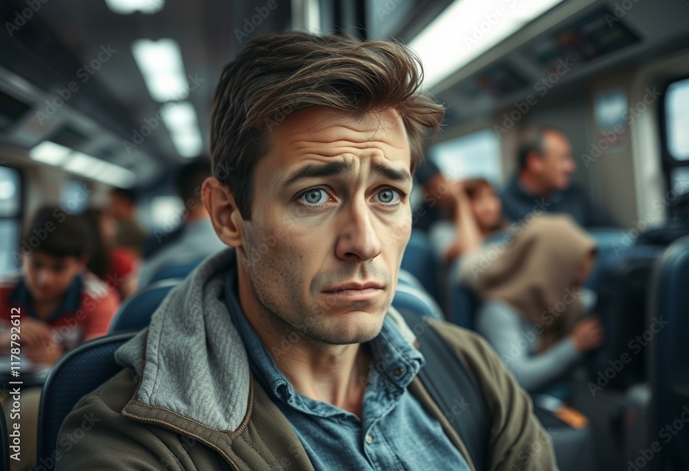 Poster Portrait of a tired male commuter on a crowded train – Wall Art ...