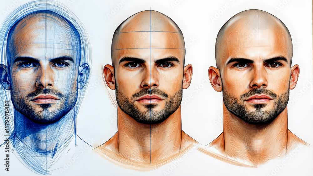 Three drawings of a man's face, each with a different style. The first ...