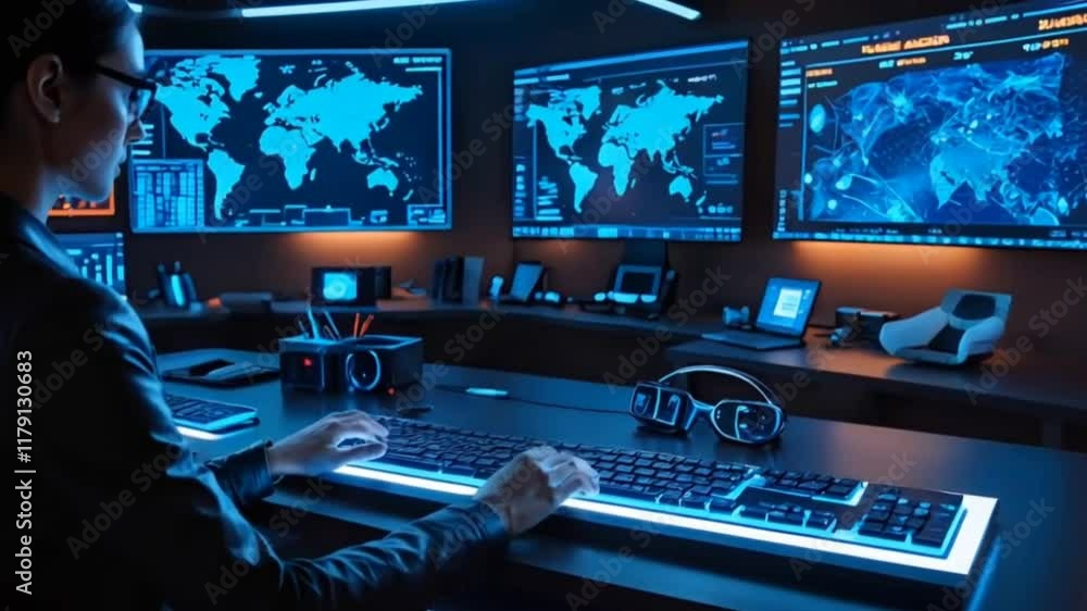 Control room with multiple digital world maps displayed on futuristic ...