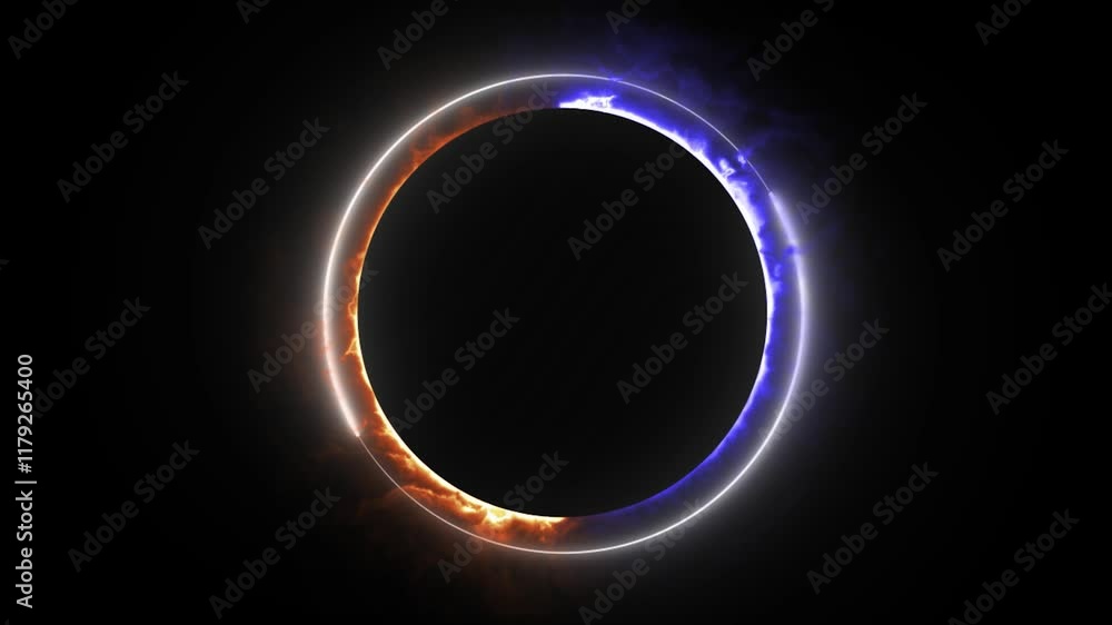 neon sphere, spiral loop border frame, orange and blue color, optical ...