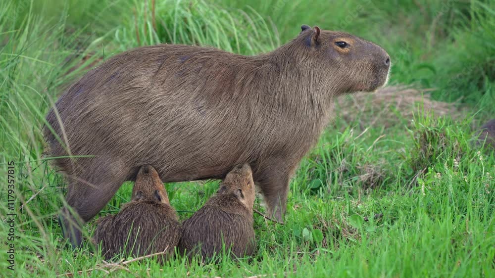Two adorable baby capybaras nursing and breastfeeding from their mother ...