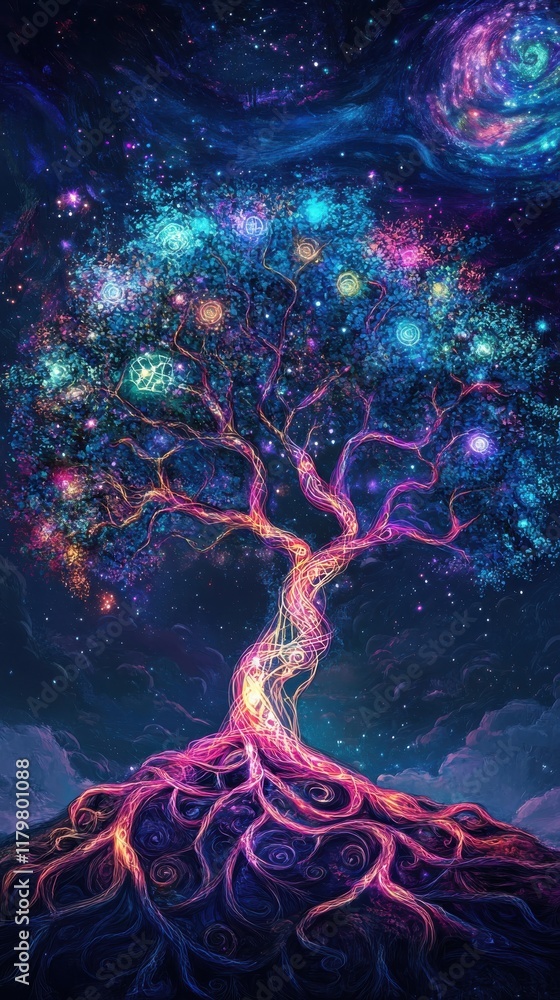 Tree of life A luminous glowing tree with roots and bran. A glowing ...