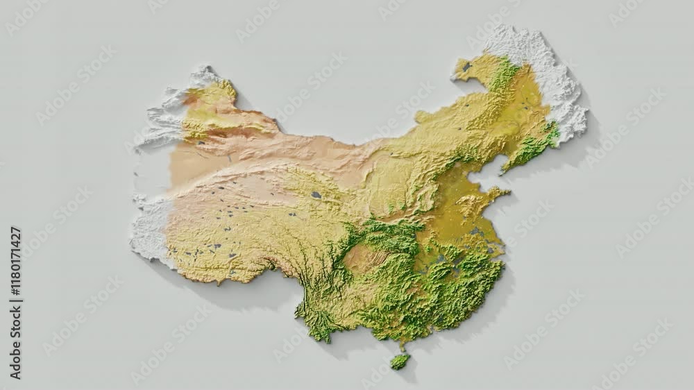Layered view of a detailed topographic map of China. Height, mountains ...