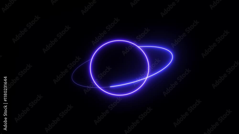 Neon animated planet on a black background. Loop neon rings spinning ...