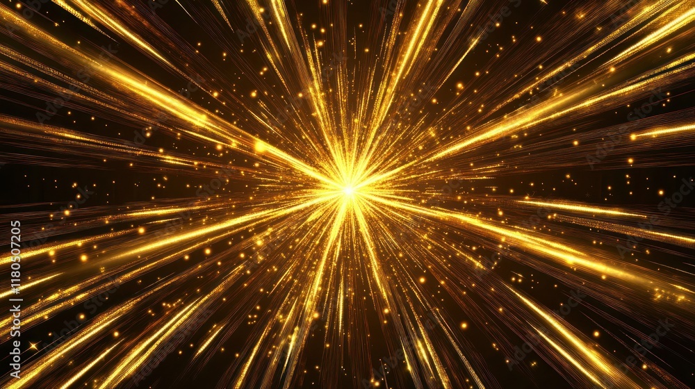 Golden light rays burst from center, radiating outwards on black ...
