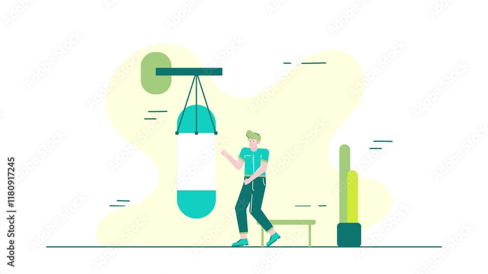 illustration of a man training with a punching bag in a minimalist ...