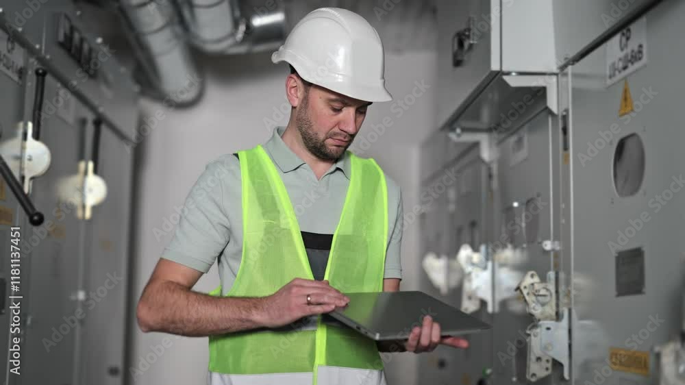 Confident electrical engineer working with laptop near electrical ...