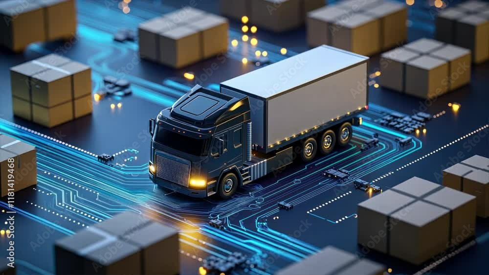Truck on the road surrounded by boxes and blue circuit board background ...