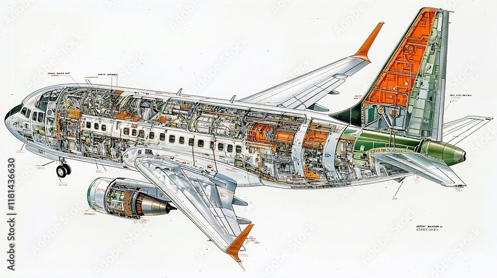 Poster Cutaway illustration of a passenger airplane, showing internal ...