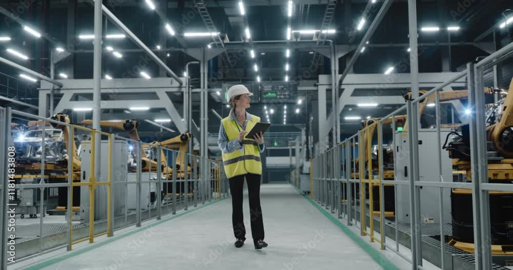 Female Engineer Walking with Laptop Computer Through an Automated ...