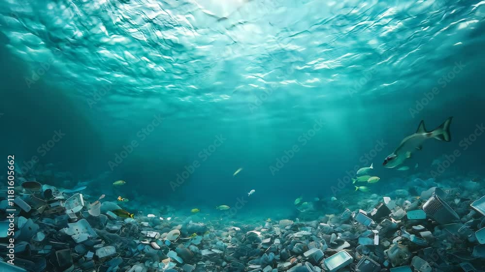 Underwater scene with a large accumulation of plastic waste and debris ...