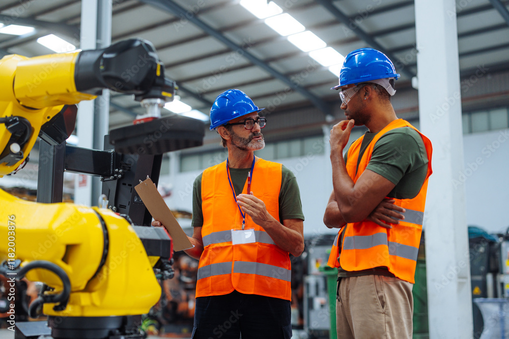 Engineers discussing maintenance of robotic arm in factory Stock Photo ...