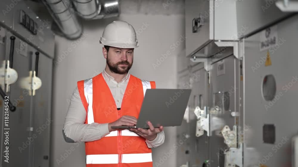 Serious electrical engineer with laptop inspects switchboard. Bearded ...
