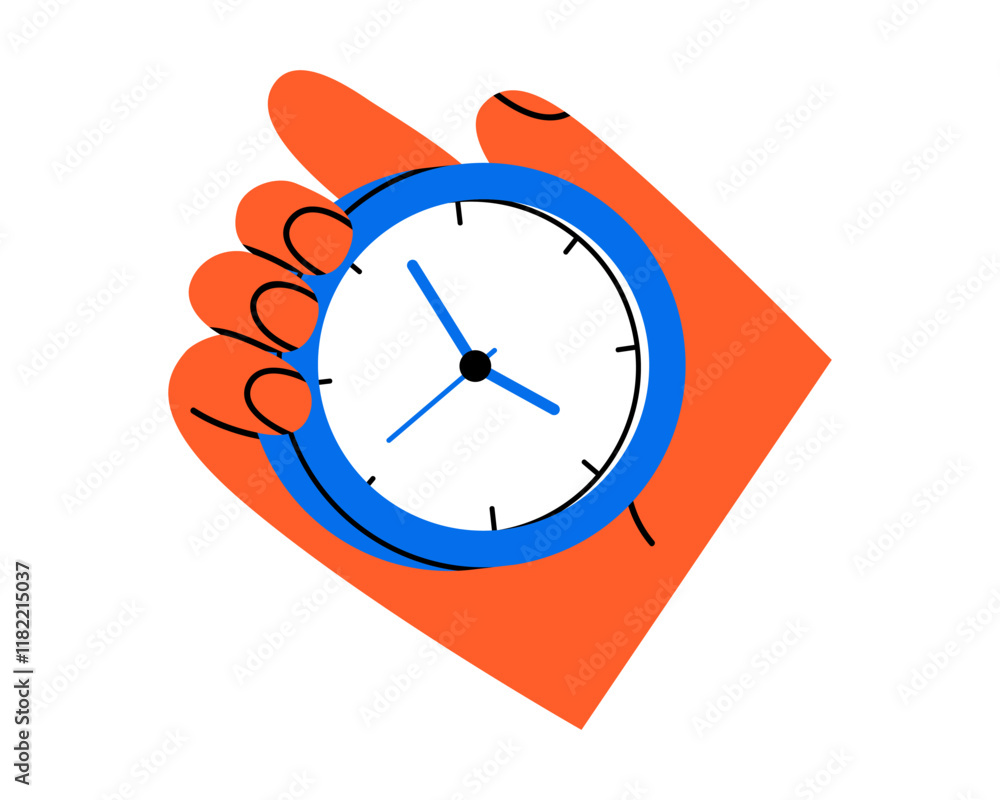 Hand drawn cute cartoon illustration hand holding wall clock with dial ...