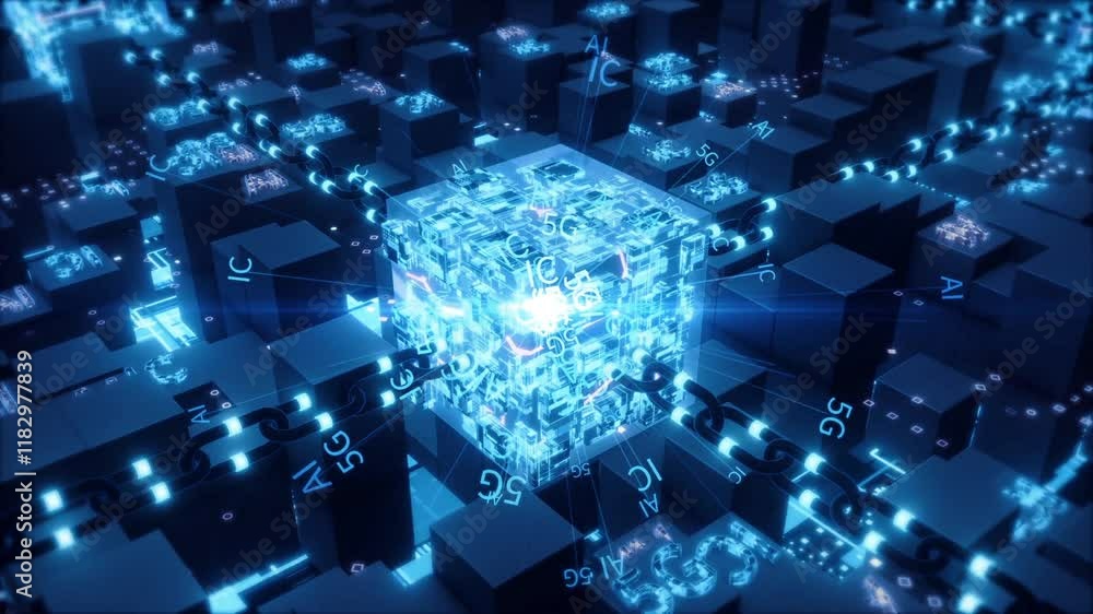 Glowing technology cube radiates text elements, technology cube chip ...