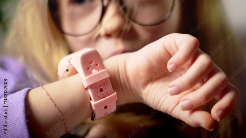 Close-up happy little girl talking on video chat using kids smartwatch ...