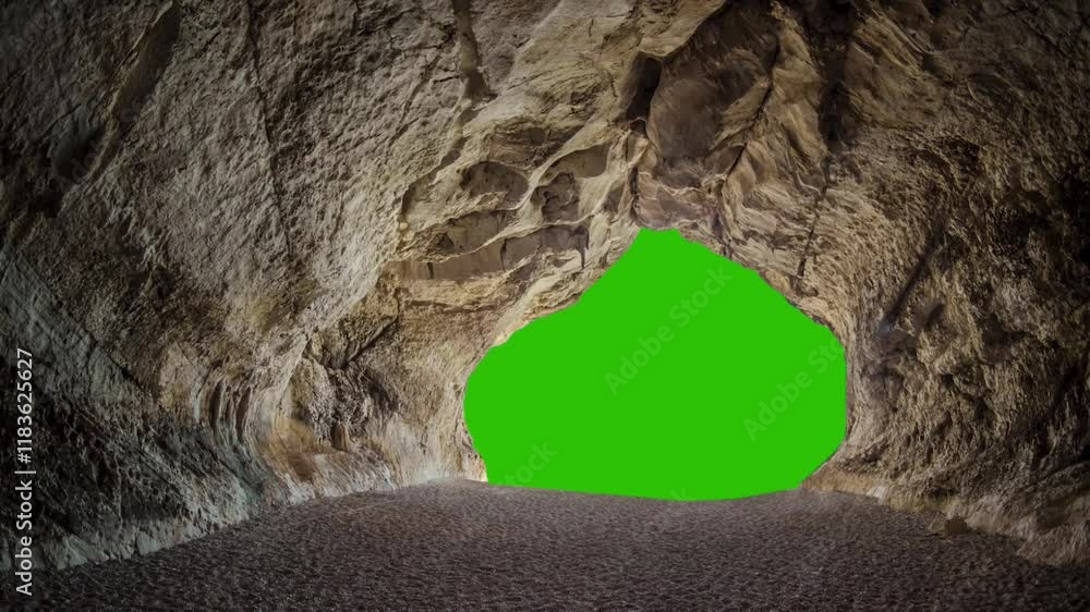 Cave entrance with green screen background for adventure and travel ...