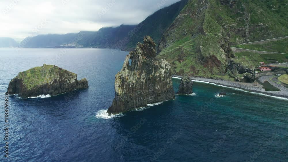 Ribeira da Janela, Madeira of the shoreline with sea stacks, natural ...