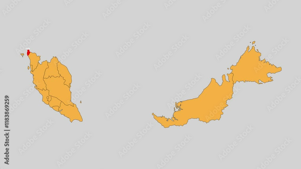 Perlis map animated video. The location is highlighted on the Malaysia ...