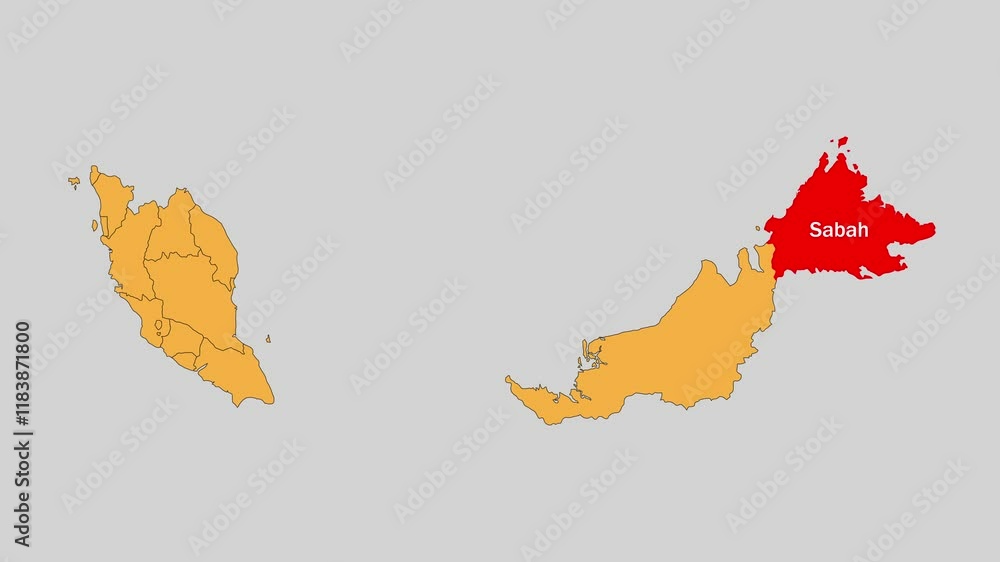 Sabah map animated video. The location is highlighted on the Malaysia ...