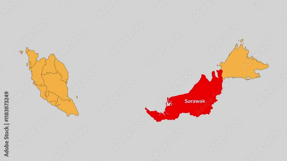 Sarawak map animated video. The location is highlighted on the Malaysia ...