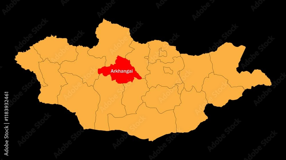 Arkhangai map animated video. The location is highlighted on the Mongolia map. Colour map with ...