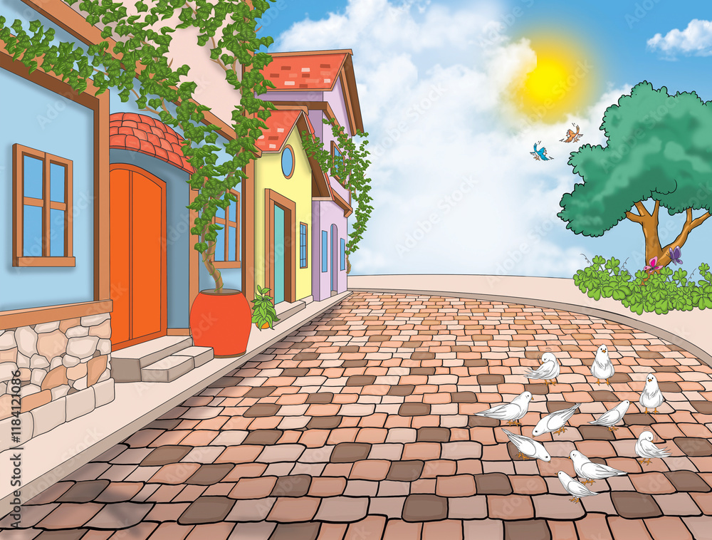 Poster Paved streets and historically built houses. Cartoon. – Wall Art ...