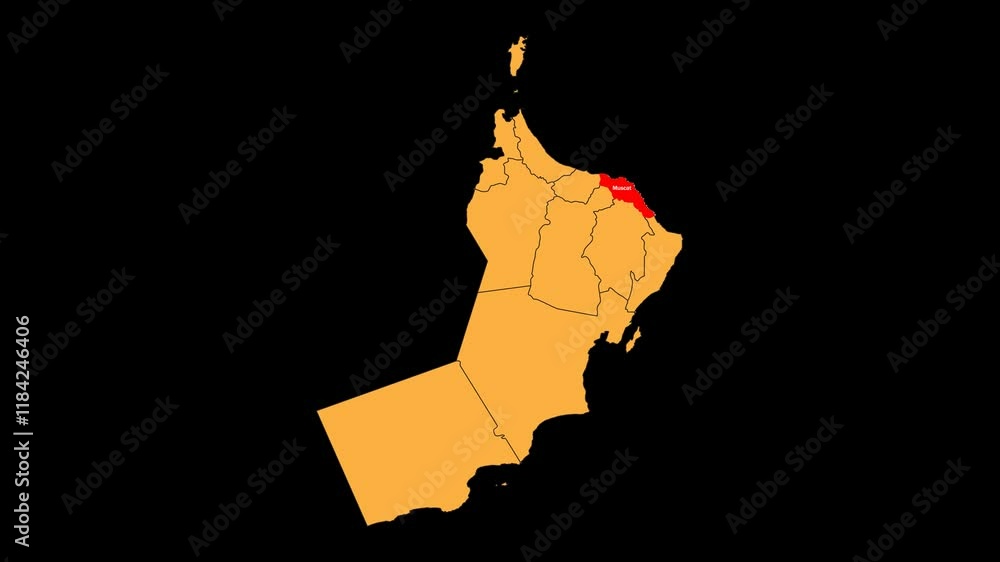 Muscat map animated video. The location is highlighted on the Oman map ...